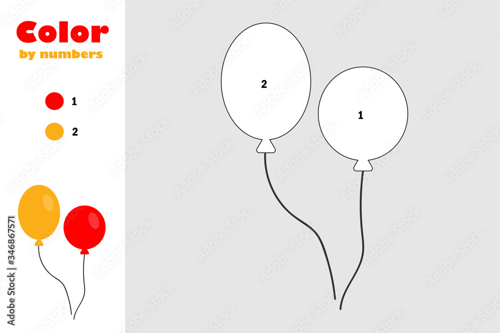 Balloons in cartoon style, color by number, education paper game for ...