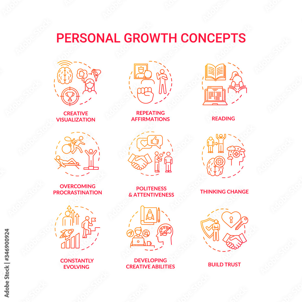Personal growth concept icons set. Self improvement, goals achievement ...