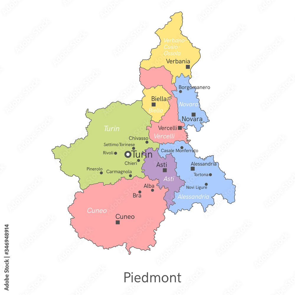 Vector illustration: administrative map of Piedmont with the names of ...