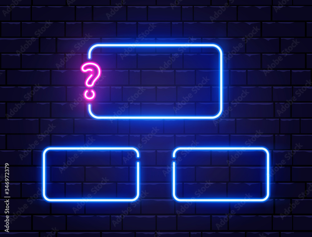 Quiz neon banner set. Glowing question mark. Color neon frames on brick ...