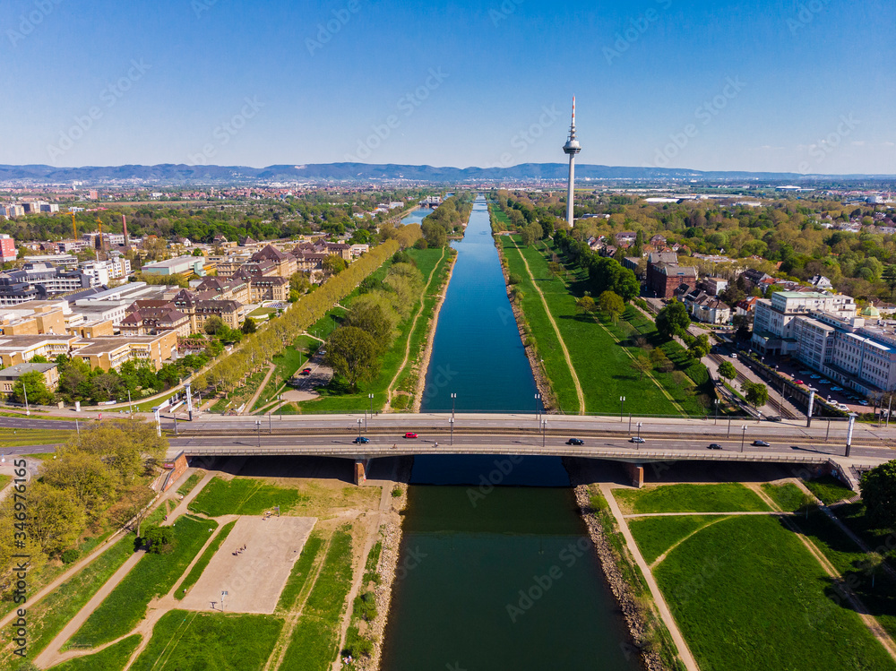 Top view of the embankment of the Neckar River. Bridges, TV tower ...