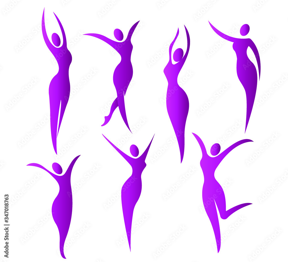 Girls Icon. Set of vector silhouettes of standing women in different ...