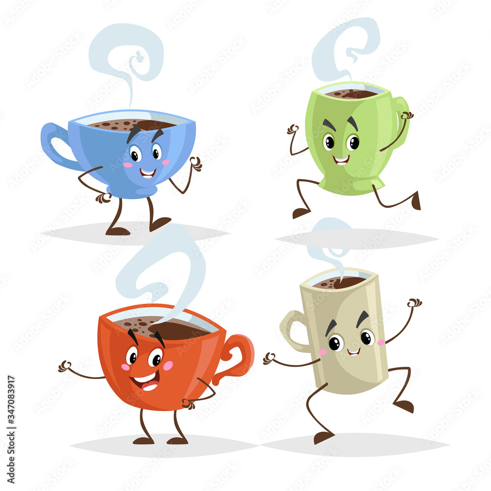 Cute cartoon coffee mug and cups characters set. Coffee time concepts ...