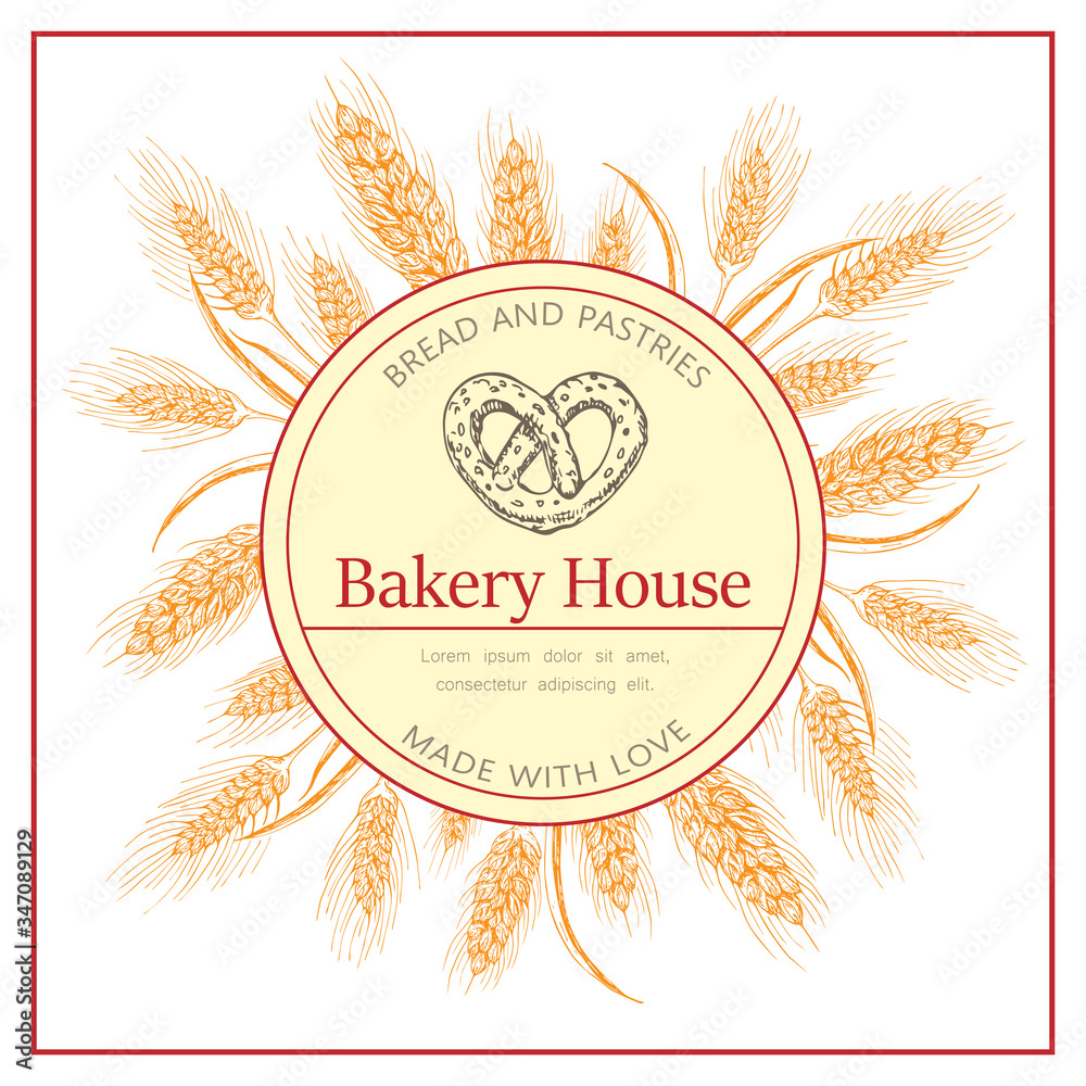 Bakery, pastry shop label, flyer template with wheat ears wreath and ...