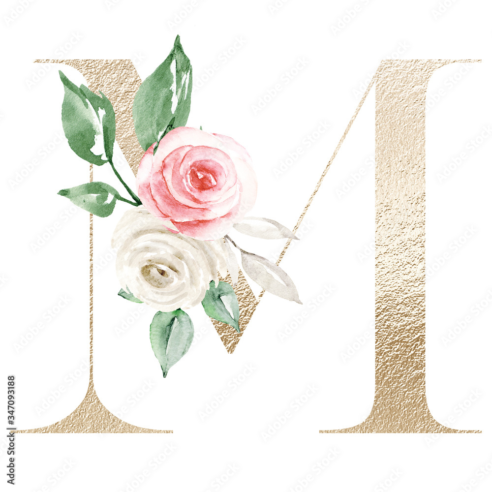 Letter M gold with watercolor flowers roses. Monogram hand drawing ...