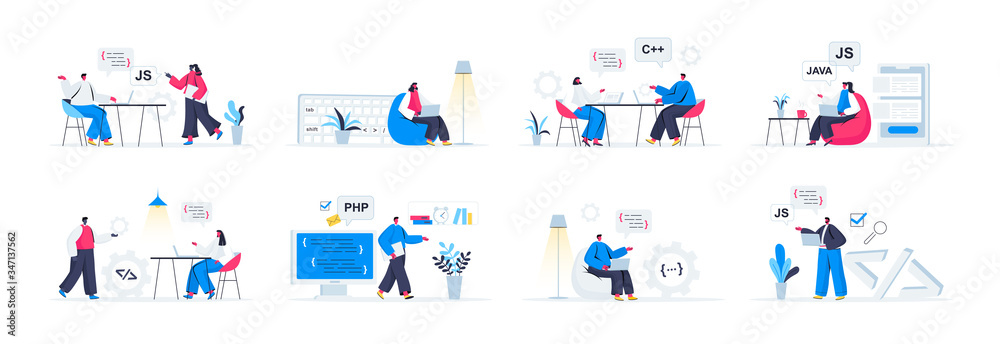 Image vectorielle Stock Bundle of programming scenes. Frontend and backend developers working in ...