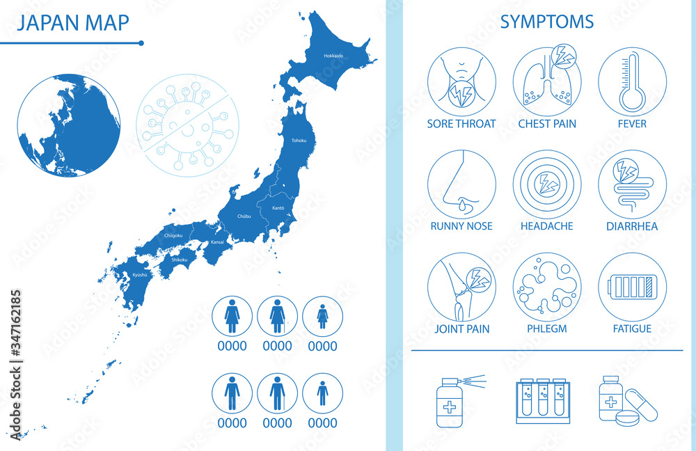 Japan map with pictograms and icons of symptoms, Covid-19 and other ...