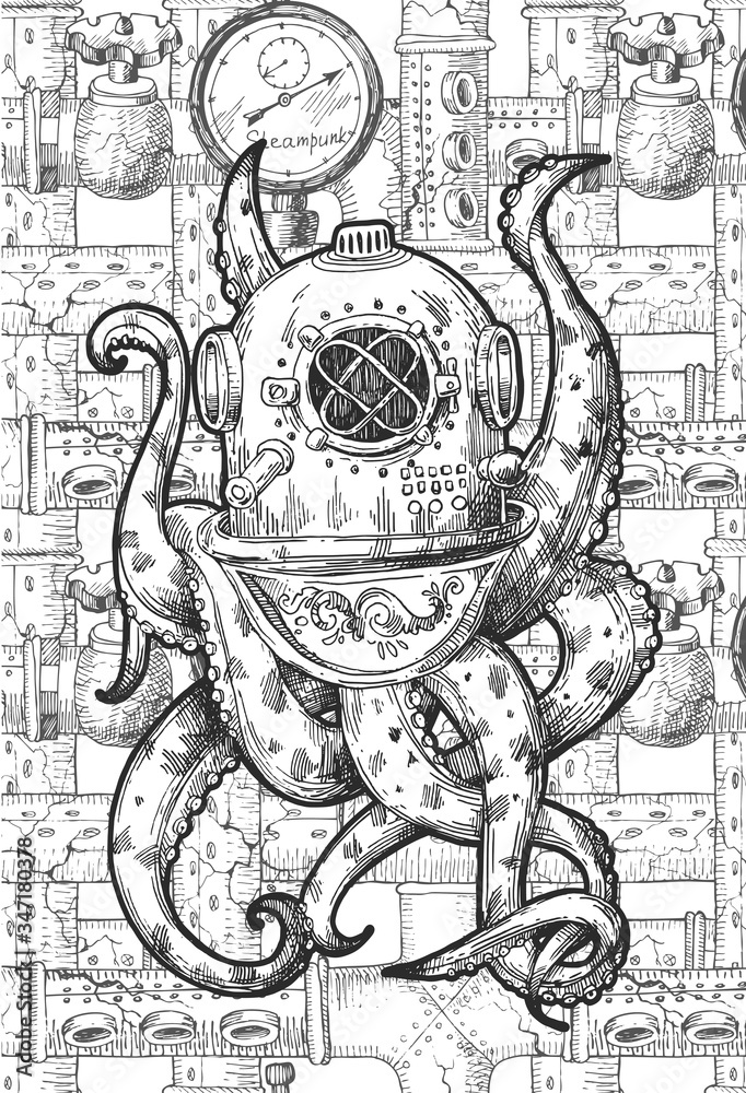Octopus in a old diving helmet. Hand drawn vector illustration. Stock ...