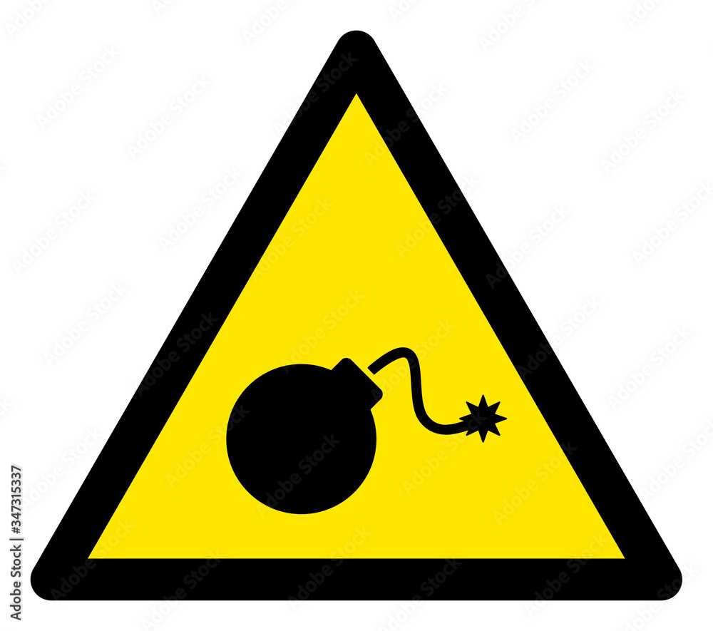 Vector TNT bomb flat warning sign. Triangle icon uses black and yellow ...