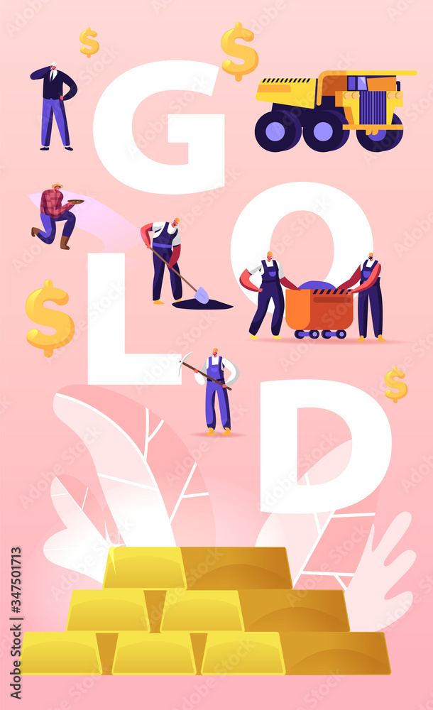 Gold Mining Concept. Tiny Miner Characters Working on Quarry with Tools ...