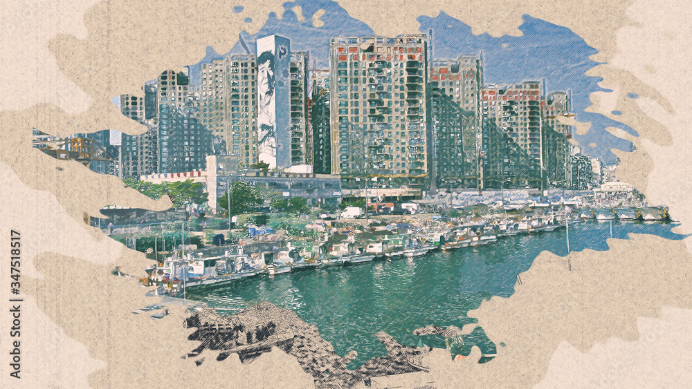 Color pencil drawing picture City skyline in the Haeundae district ...