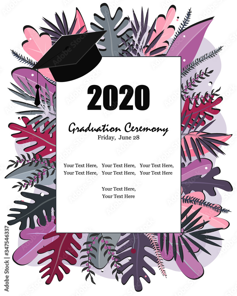 Graduate class of 2020, ceremony announcement banner. Cap and tropical ...
