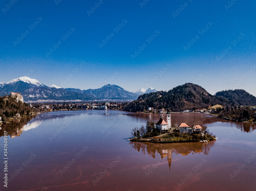 Famous lake red color and island Bled (Blejsko jezero) in Slovenia ...