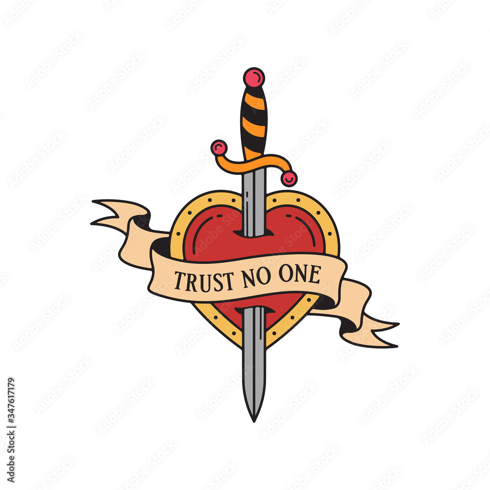 Old school tattoo emblem label with dagger and heart symbols and ...