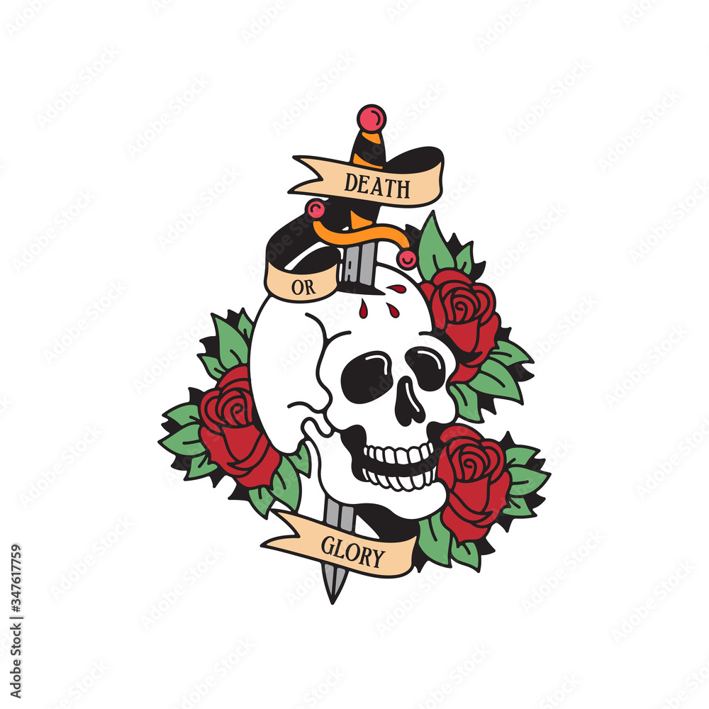 Old school tattoo emblem label with skull dagger rose symbols and ...