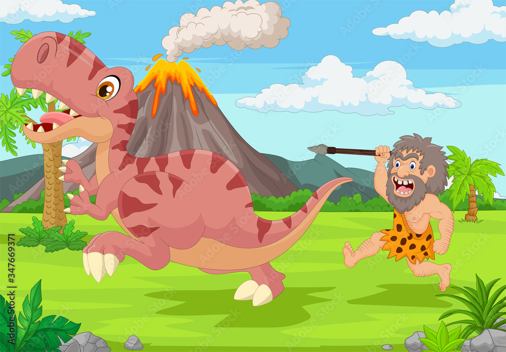 Cartoon caveman chasing a dinosaur Stock Vector | Adobe Stock