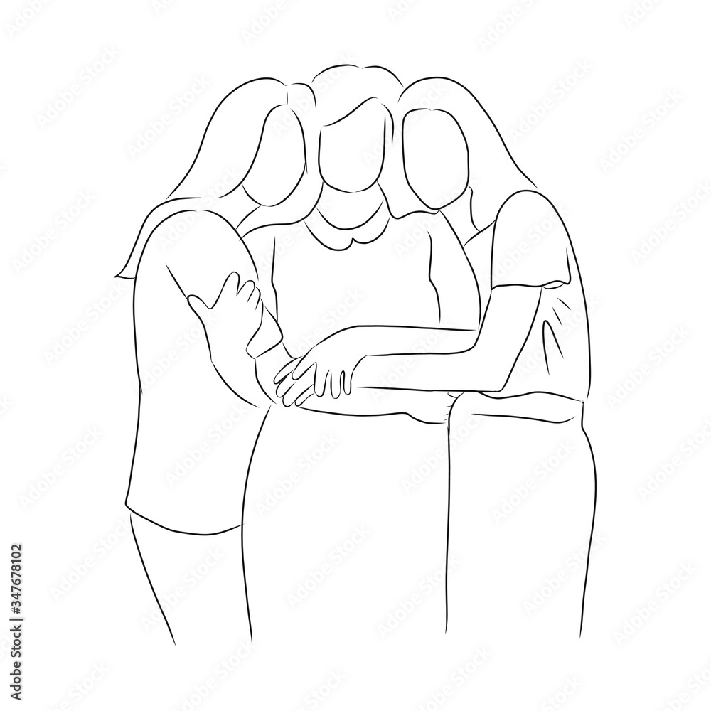 line drawing of two children hug their mother Stock Vector | Adobe Stock