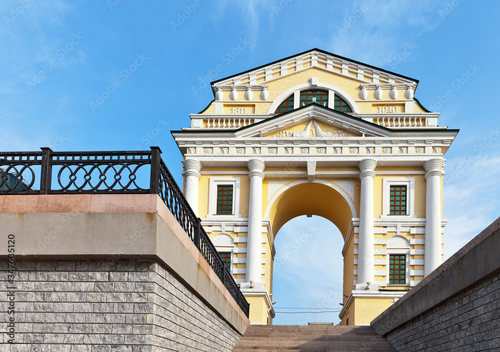 Irkutsk. View from the Lower Embankment to the old Moscow Gate or ...