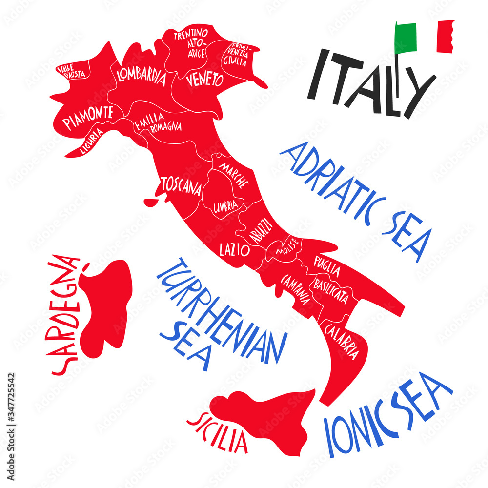 Vector hand drawn stylized map of Italian Republic. Travel illustration ...