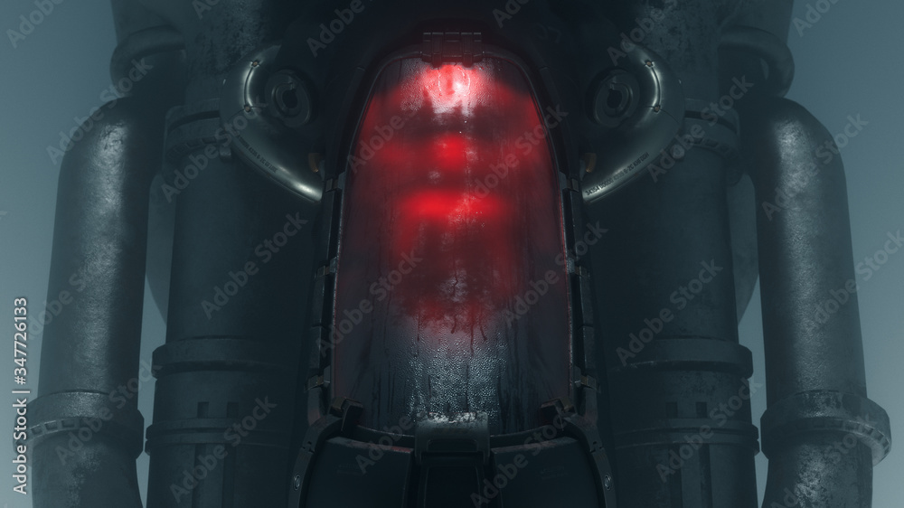 Cryogenic hibernation capsule with human body inside illuminated with ...