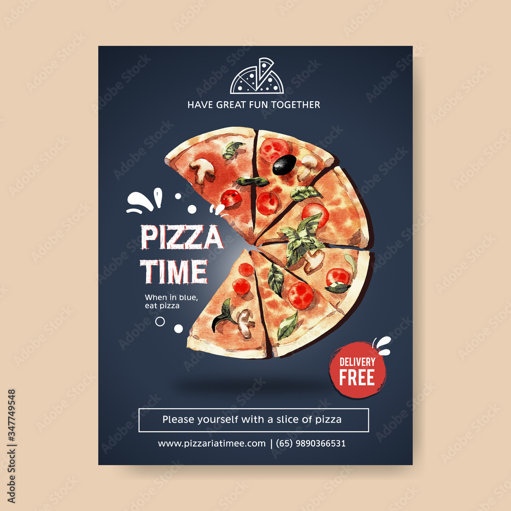 Pizza poster design with pizza watercolor illustration.. Stock Vector ...