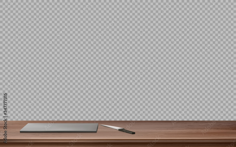 Kitchen wooden table with steel cutting board and knife. Vector ...
