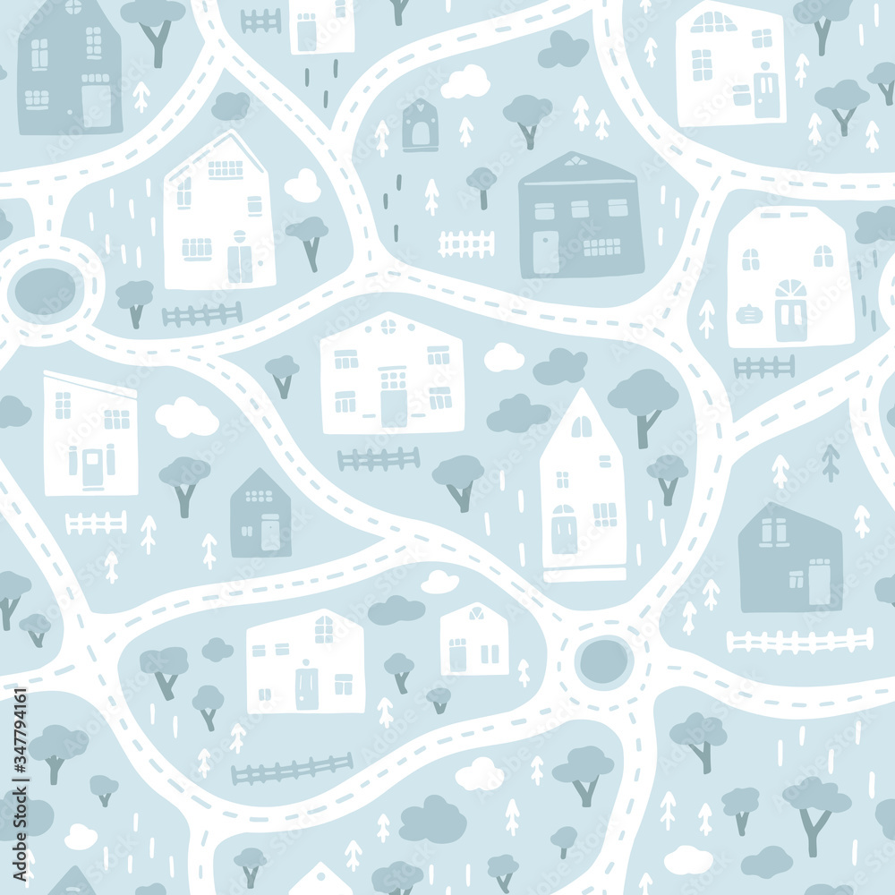 Baby City map with roads and buildings. Vector seamless pattern in blue ...