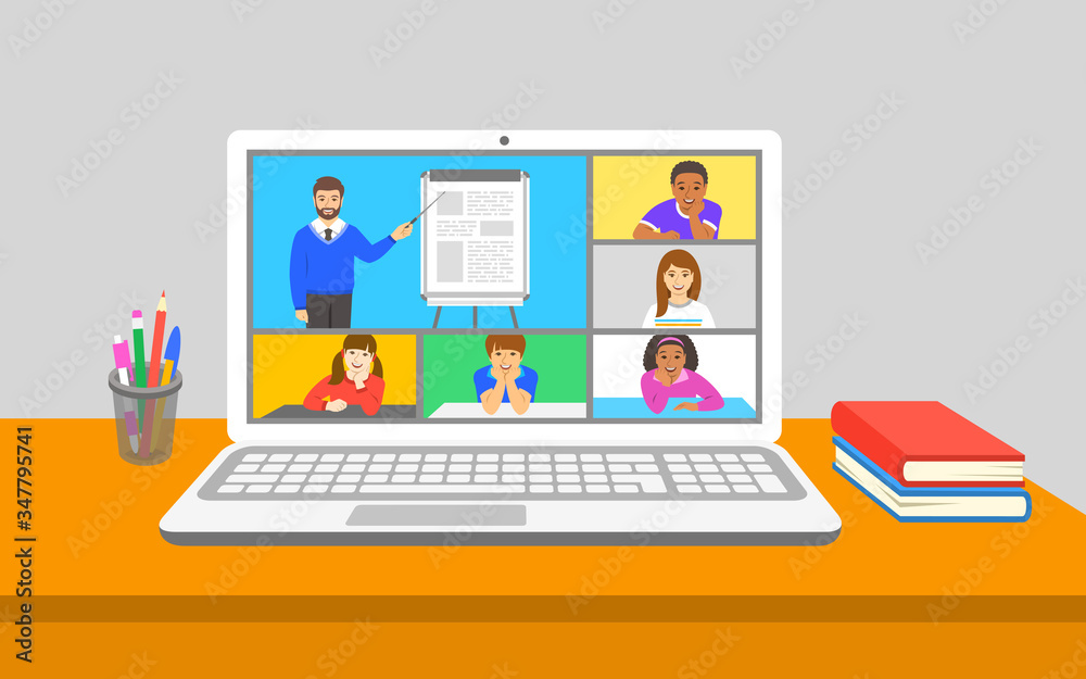 Vector de Stock Online education virtual class teleconference. Kids ...