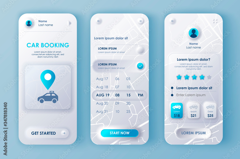Car booking unique neomorphic design kit for mobile app neomorphism ...