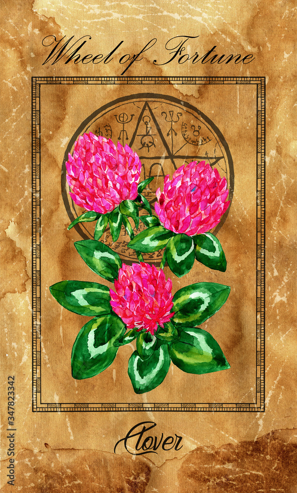 Wheel of Fortune. Major Arcana tarot card with Clover and magic seal ...