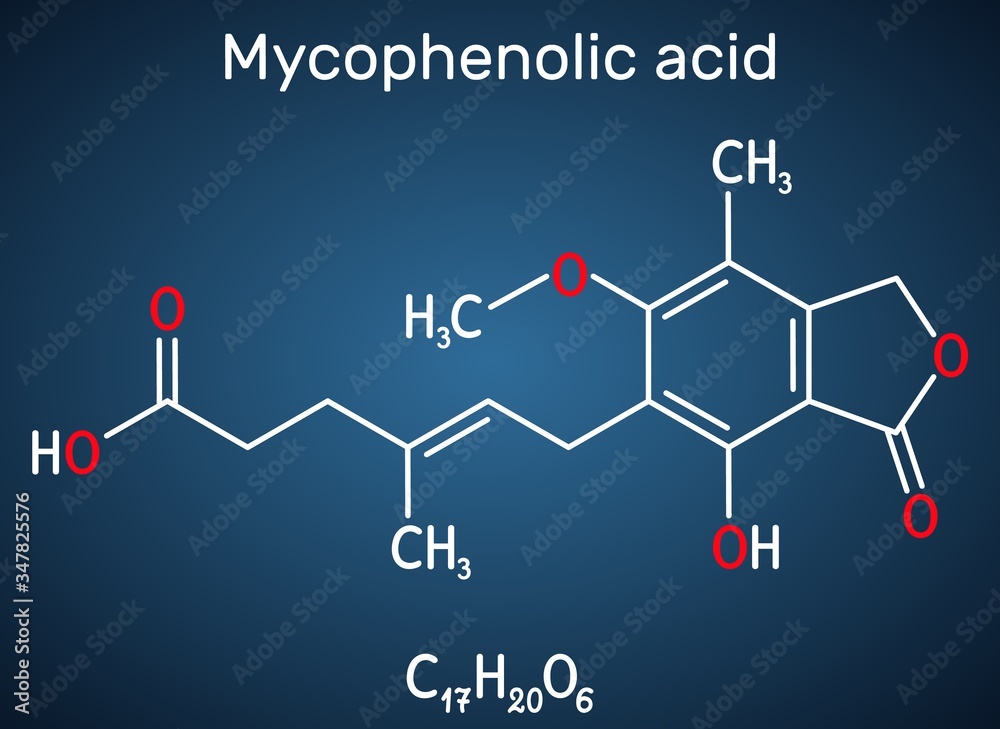 Mycophenolic acid, MPA, mycophenolate, C17H20O6 molecule. It is an ...