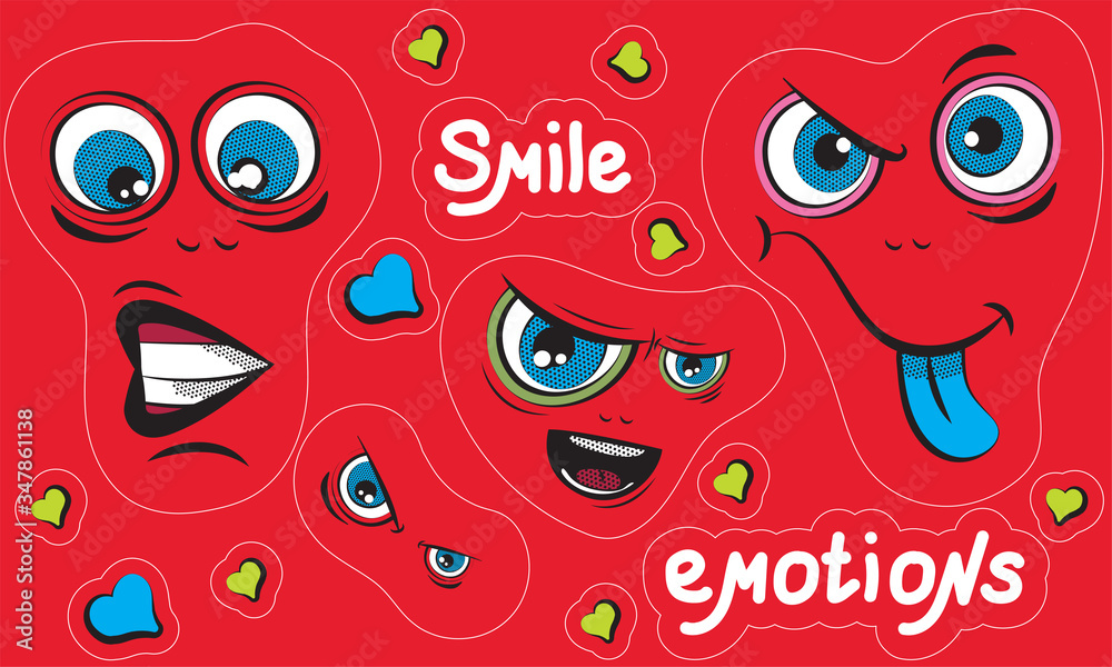 Stickers with funny faces emoji with facial expressions. Handwritten ...