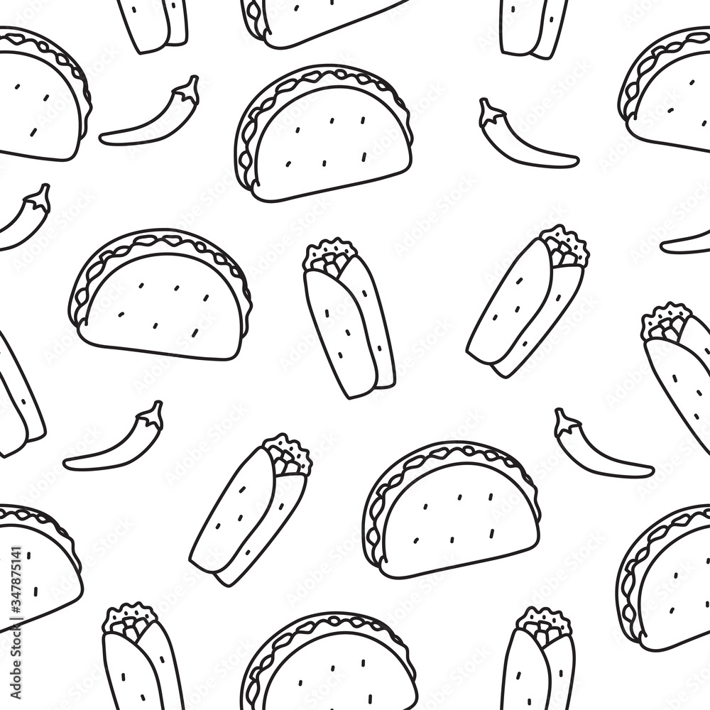 Taco and burrito seamless pattern in cute doodle hand drawn style ...