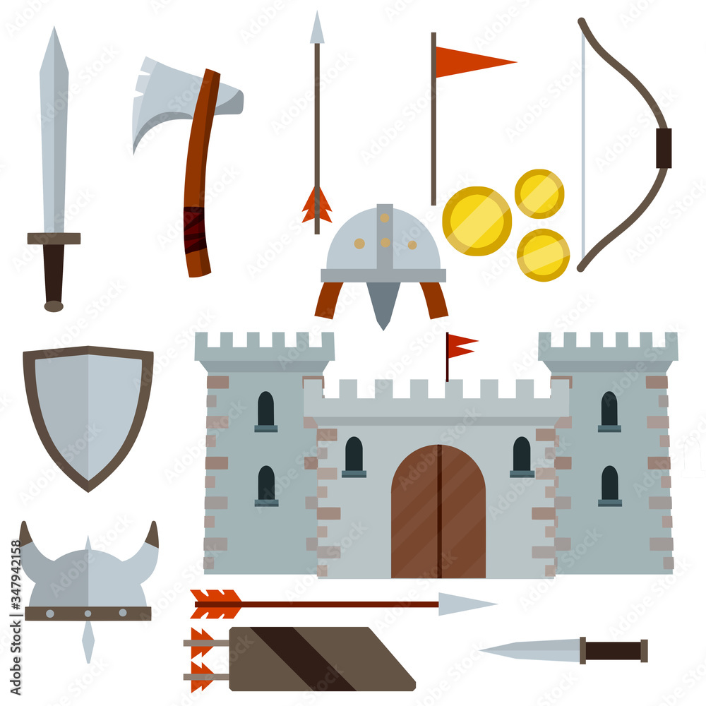 Medieval set of item. European castle with tower, shield, sword, red ...