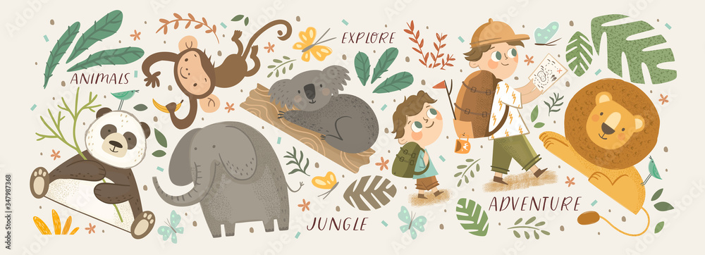 Animals in the jungle and explore. Vector cute illustrations of ...