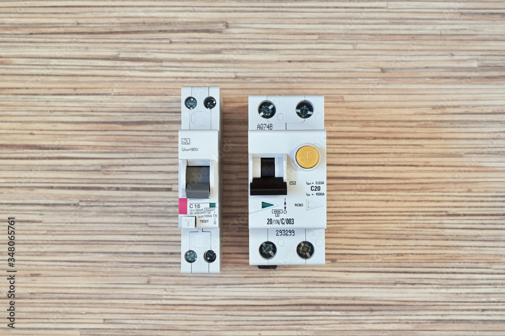 Stock-Foto „Two electric differential circuit breakers in different ...