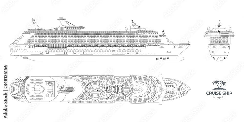 Outline blueprint of cruise ship. Side, top and front views. Contour ...