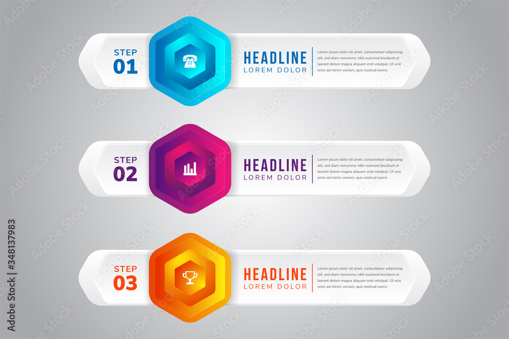 gradient vector illustration. Infographic template with three elements, hexagon, rectangle ...