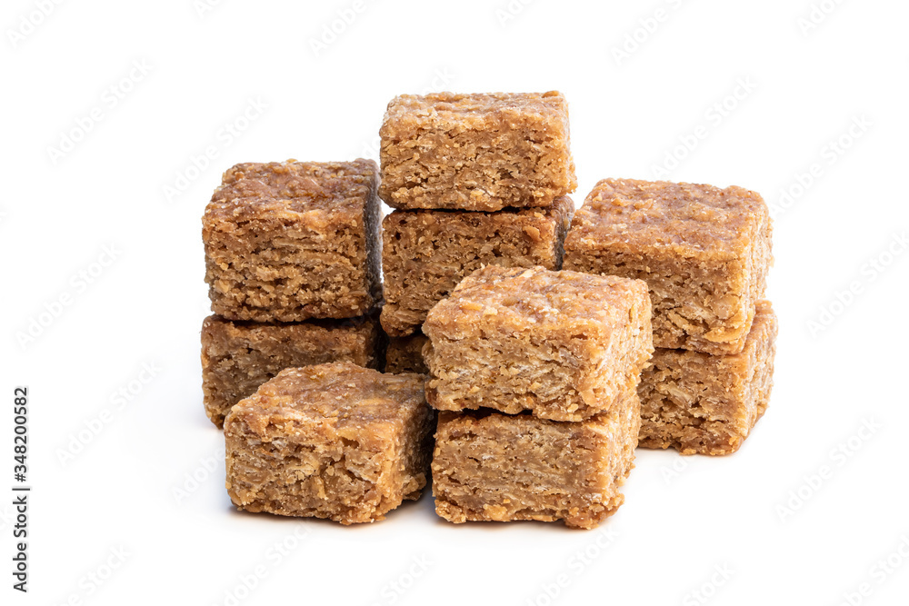 Mini oat and syrup flapjack slices isolated on white Stock Photo ...