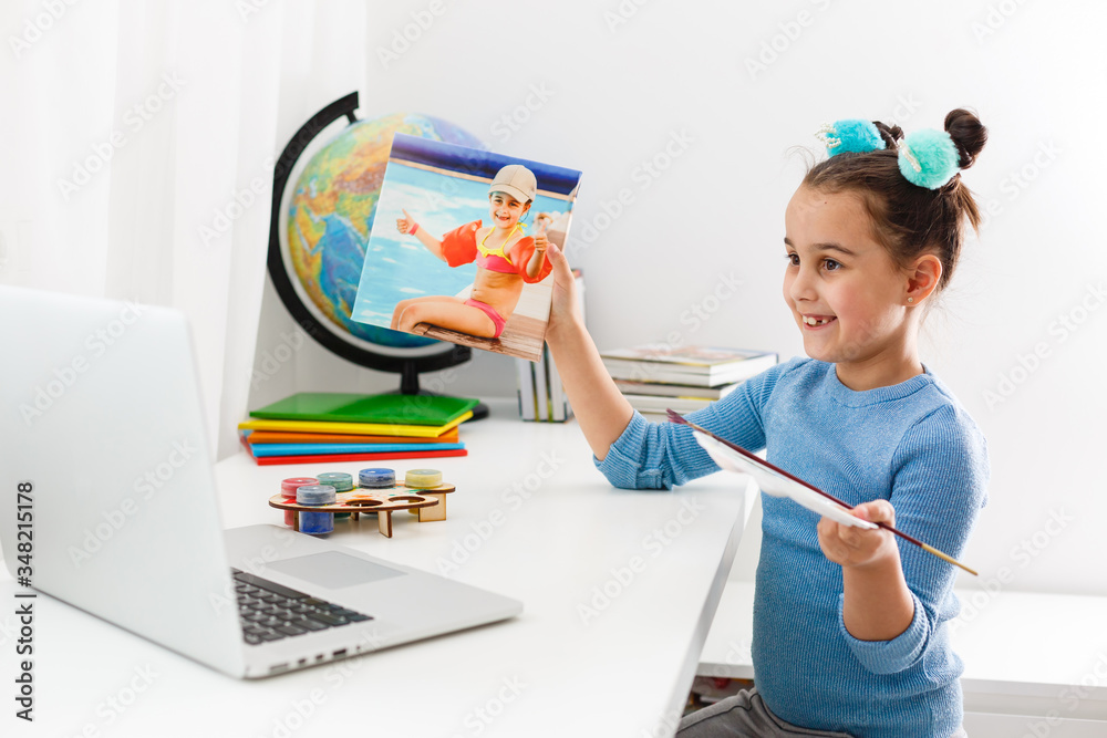 back to school. Online education. smart school girl in classroom ...
