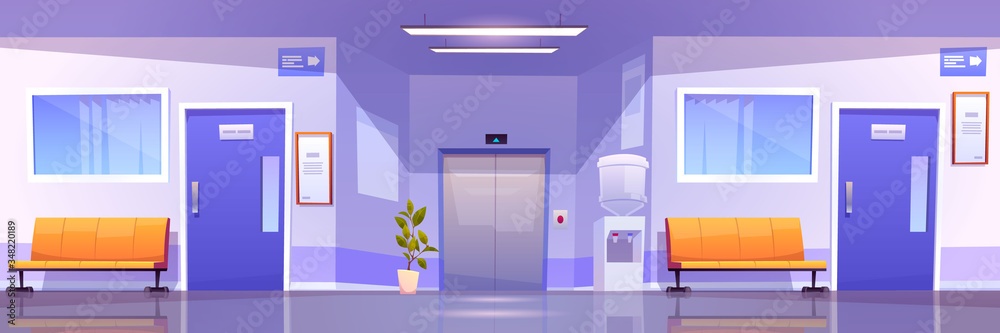 Hospital corridor interior, medical clinic hall. Vector cartoon ...