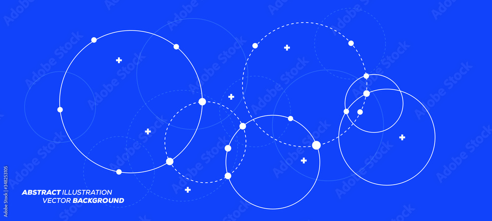 Abstract vector illustration with overlapping circles, dots and dashed circles. Science and ...