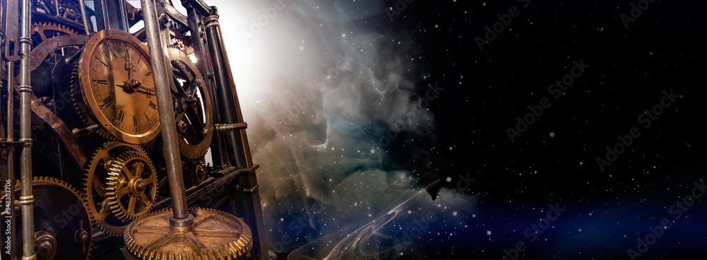 Mechanism of the old clock tower on the night sky background with stars ...