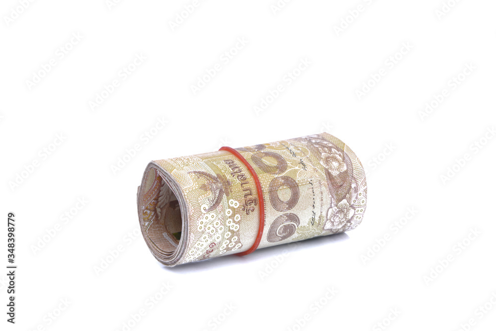 Roll up banknote 1000 baht thai, on white background, This has clipping ...