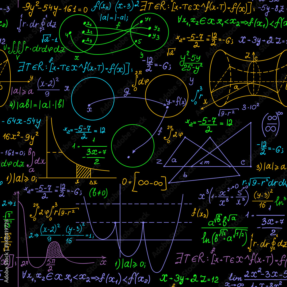 Scientific educational vector seamless pattern with multicolored math and physics formulas ...