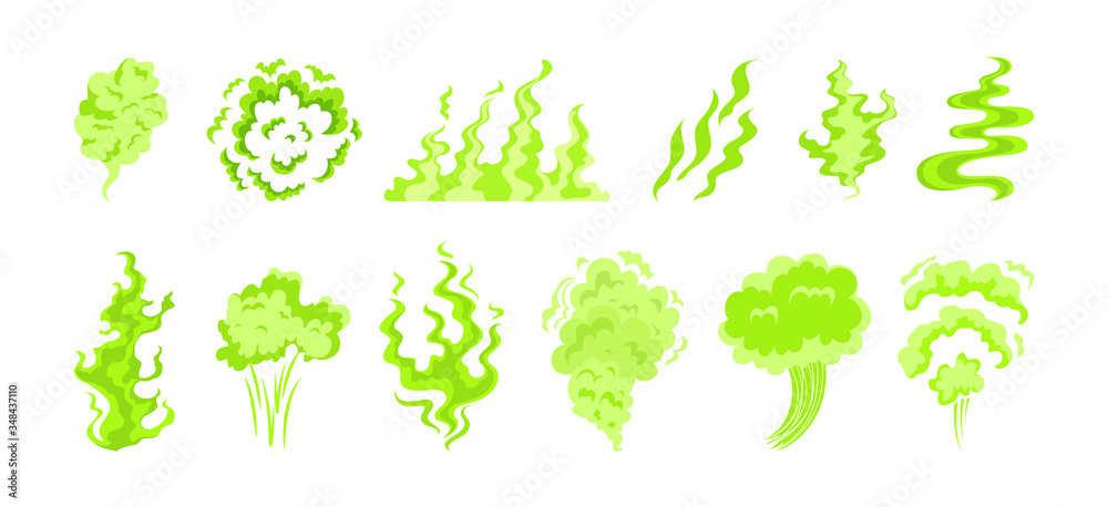 Stock-Vektorgrafik „Green toxic smoke set. Smelly steam, stinking gas ...