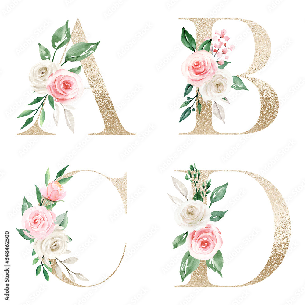 Floral gold alphabet, letters with watercolor flowers and leaves ...