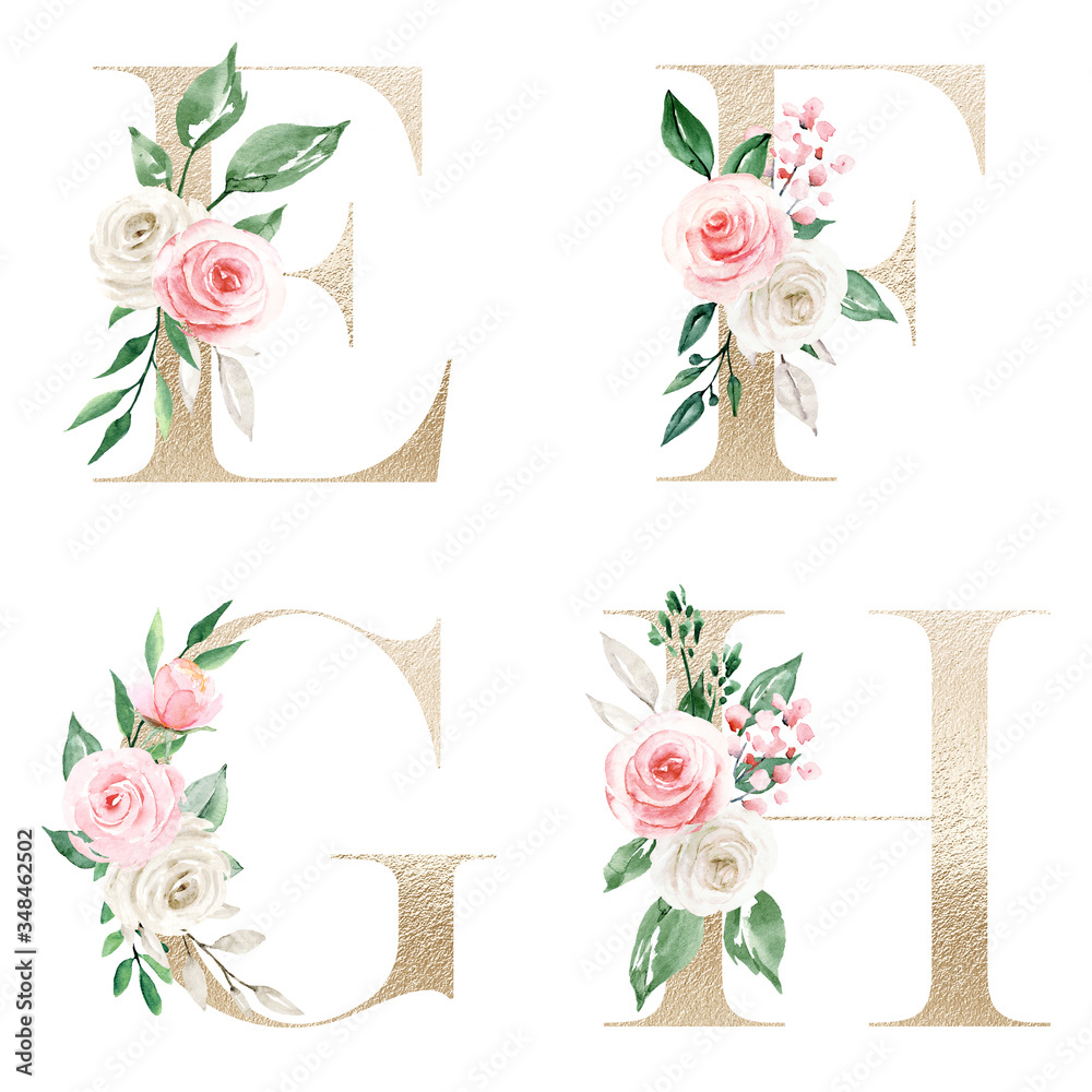 Floral gold alphabet, letters with watercolor flowers and leaves ...