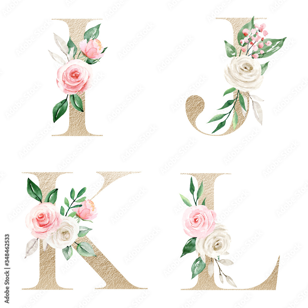 Floral gold alphabet, letters with watercolor flowers and leaves ...