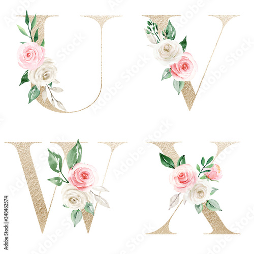 Floral gold alphabet, letters with watercolor flowers and leaves ...